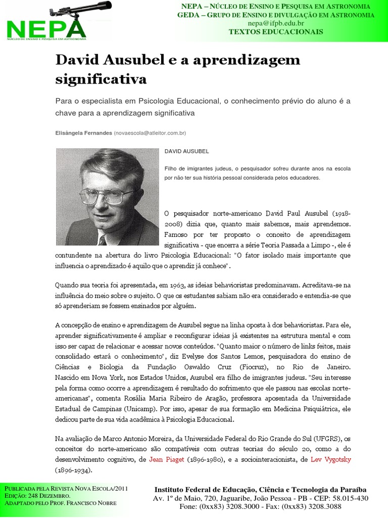 David Ausubel e A Aprendizagem Significativa | PDF | Aprendizado | Psicologia Educacional