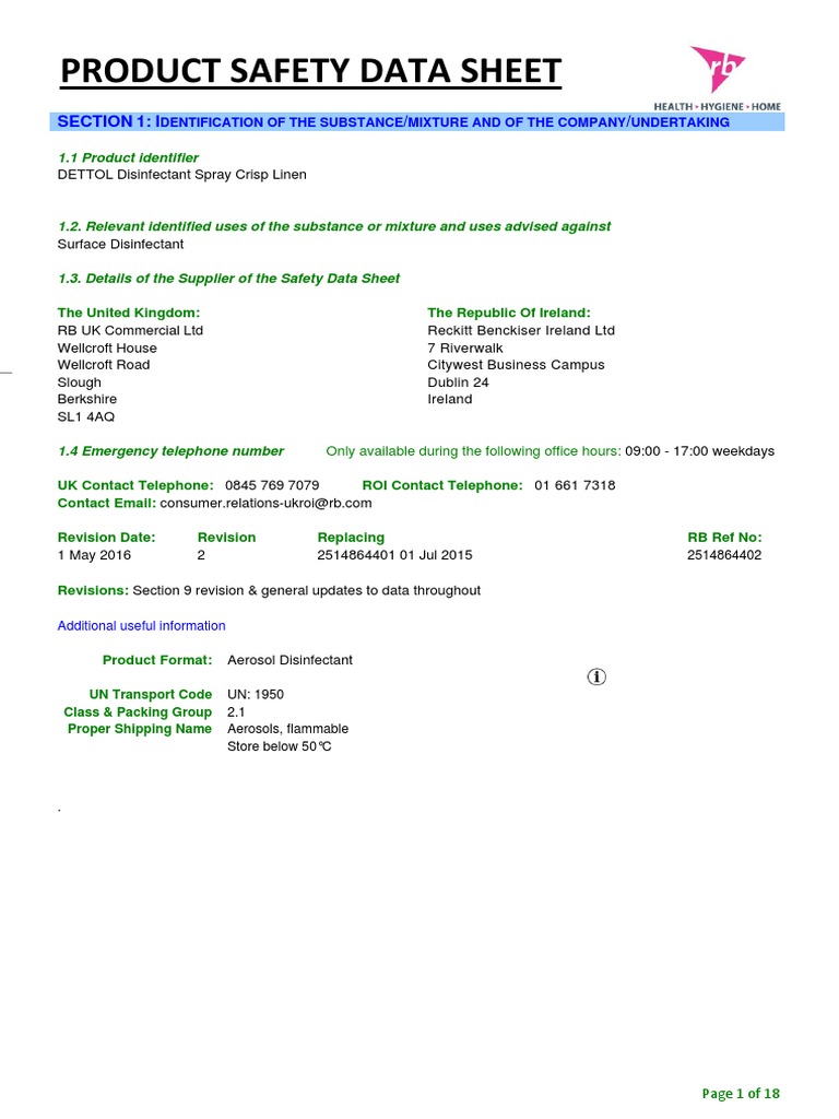 Product Safety Data Sheet: Section 1: I | PDF | Safety | Occupational ...