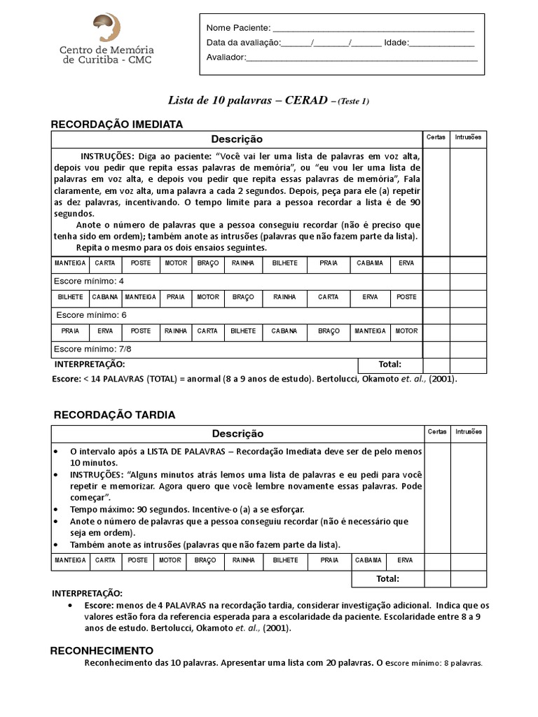 Teste CERAD: Lista de Palavras e Instruções | PDF | Artes Linguísticas ...