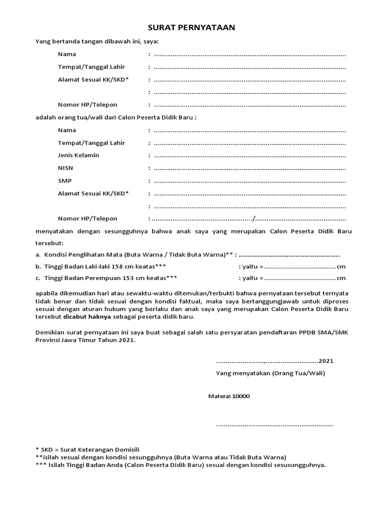 Surat Pernyataan Kesehatan PPDB 2021 | PDF