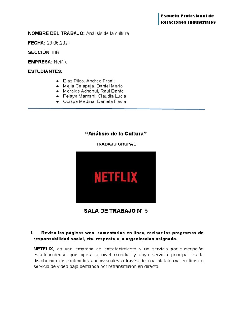 Analisis de Cultura Netflix-Sala de Trabajo 5 | PDF | Netflix | Empresas