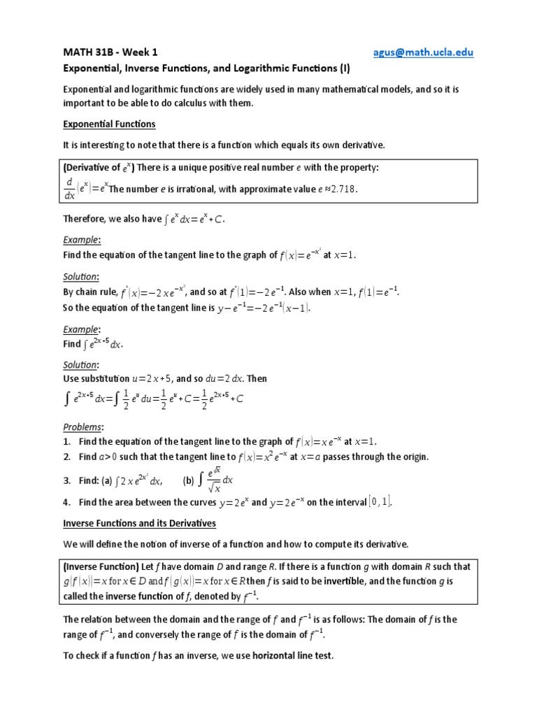 MATH 31B - Week 1 Exponential, Inverse Functions, and Logarithmic ...