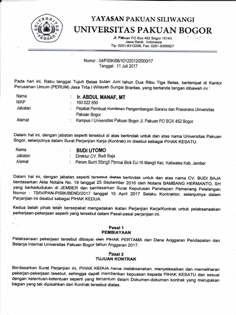 Kontrak Pembangunan Universitas Pakuan | PDF