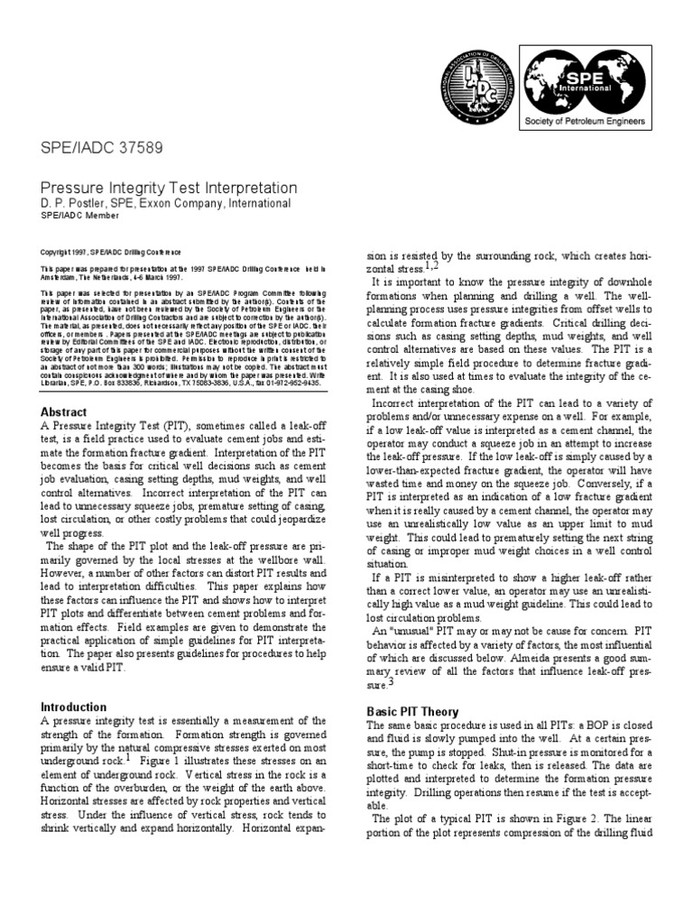 SPE/IADC 37589 Pressure Integrity Test Interpretation | PDF | Fracture ...