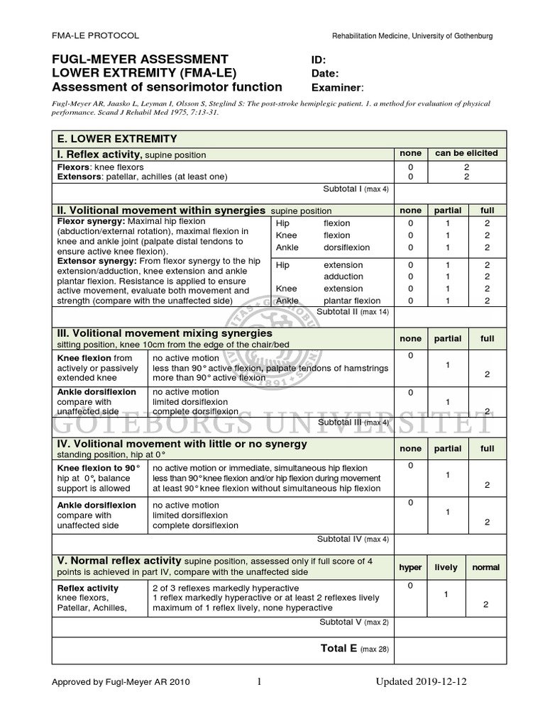 Fugl-Meyer Assessment Lower Extremity (Fma-Le) Assessment of Sensorimotor Function | PDF ...
