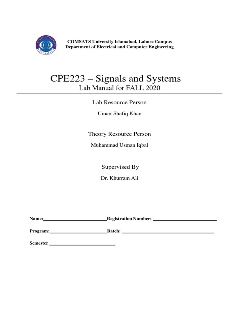 CPE223-Signals and Systems Lab Manual | PDF | Laplace Transform | Fourier Transform
