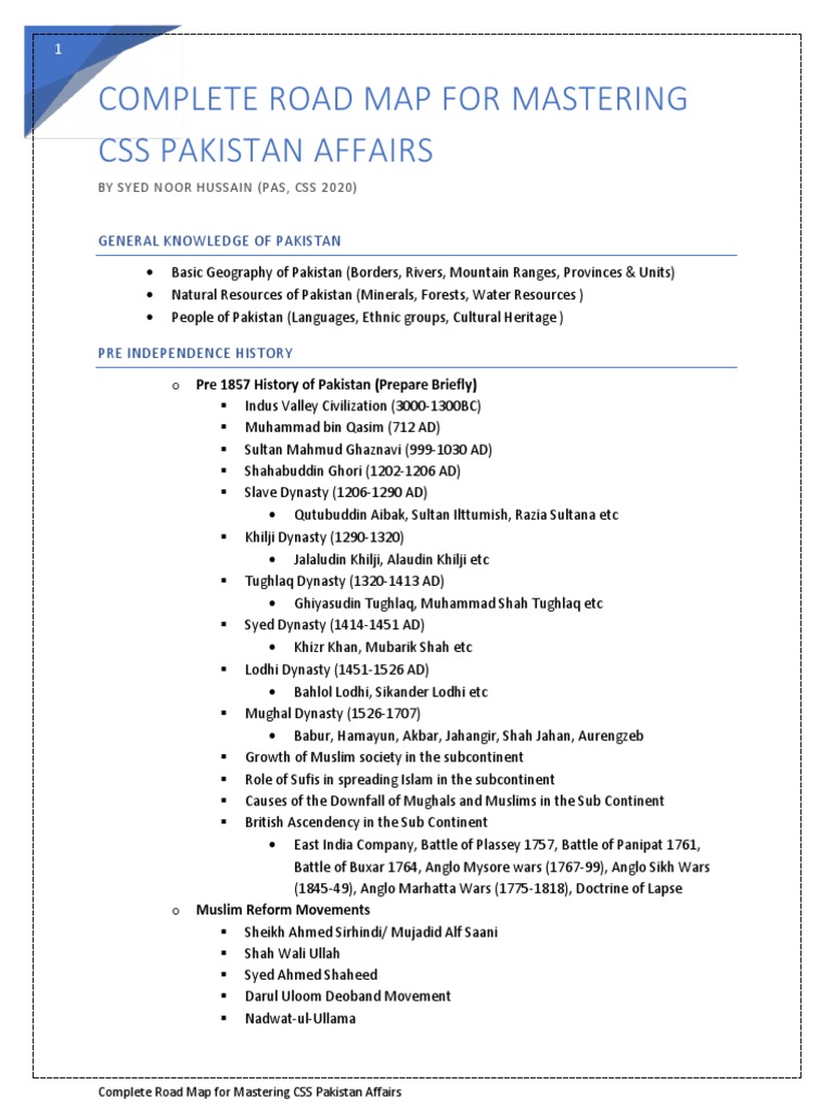 Complete Road Map For CSS Pakistan Affairs by Syed Noor Hussain | PDF ...