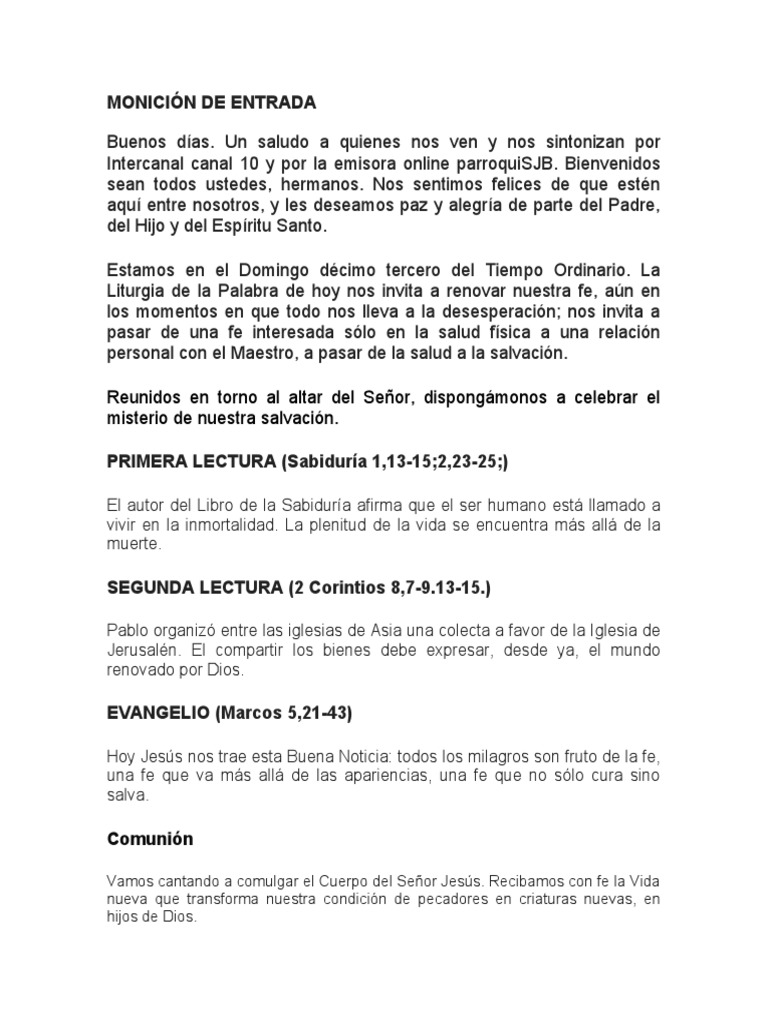 Monición de Entrada27junio | PDF | Misa (liturgia) | eucaristía
