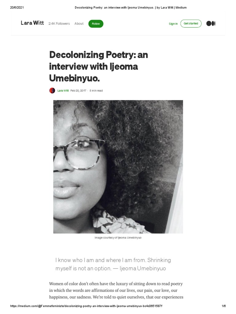 Decolonizing Poetry - An Interview With Ijeoma Umebinyuo. - by Lara Witt - Medium | PDF