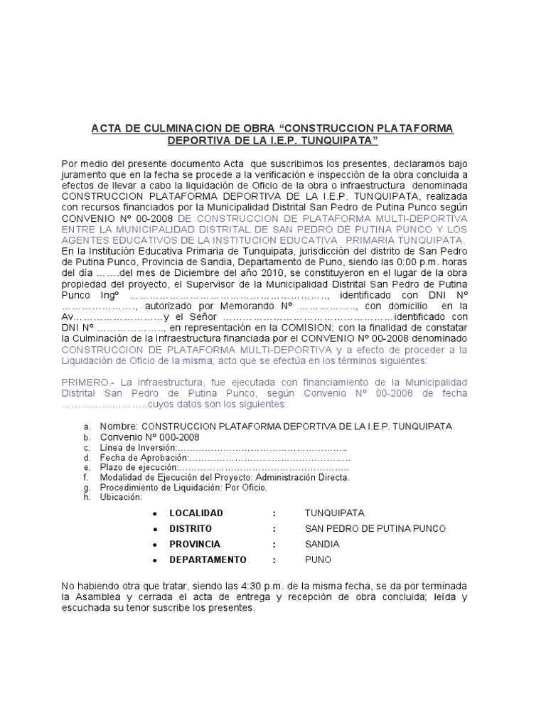 Acta de Culminacion de Obra | PDF | Gobierno