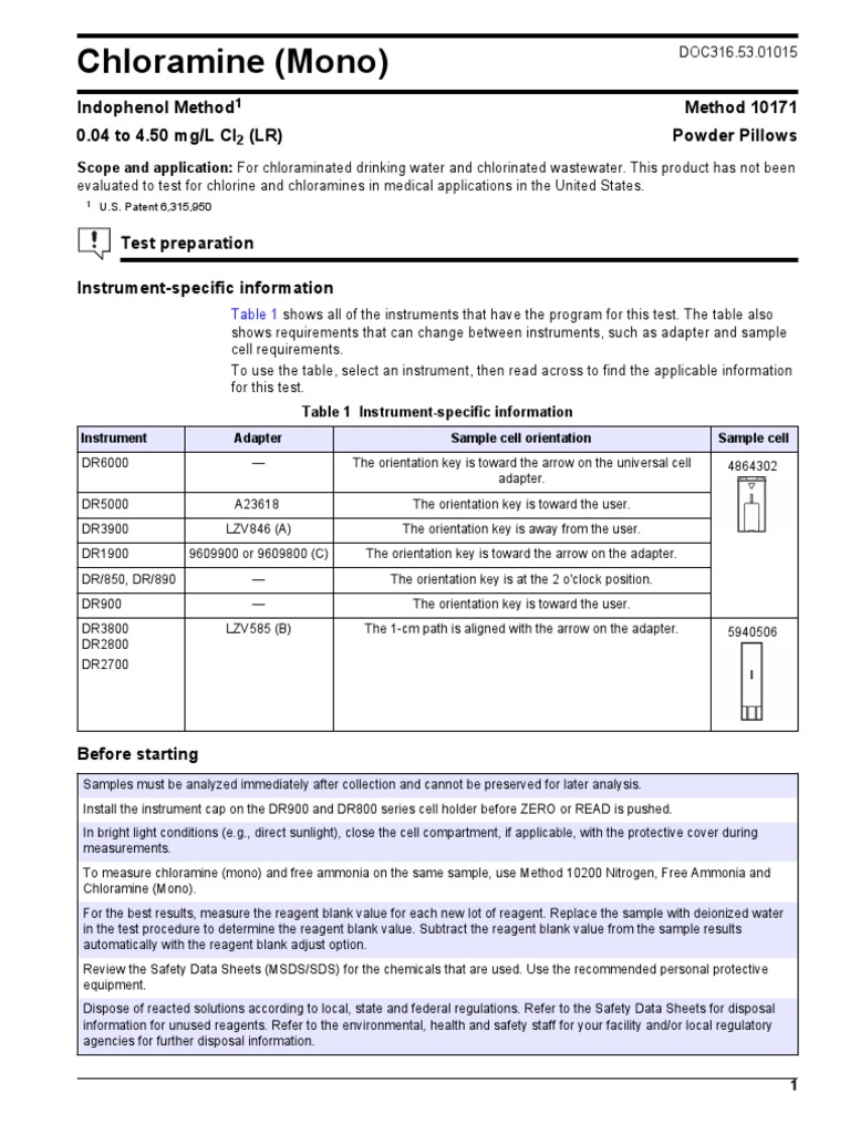 Chloramine (Mono) : Indophenol Method Method 10171 0.04 To 4.50 MG/L CL ...