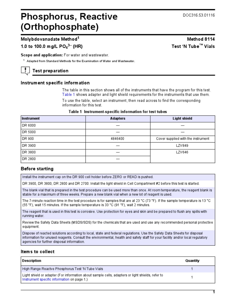Phosphorus, Reactive (Orthophosphate) : Molybdovanadate Method Method ...