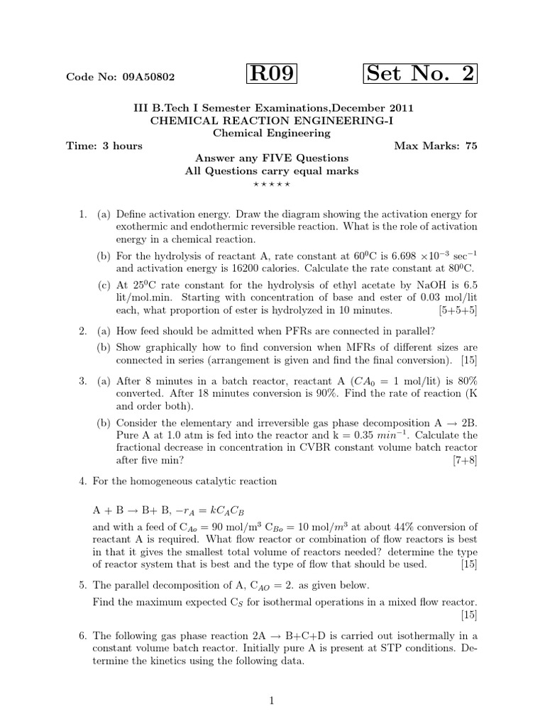 Chemical Reaction Engineering Exam Questions | PDF | Chemical Reactor ...