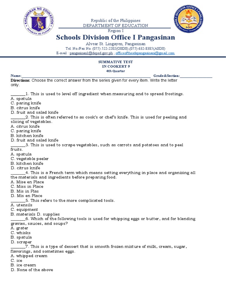 Summative Test in Cookery 9: A Standardized Assessment of Cooking ...