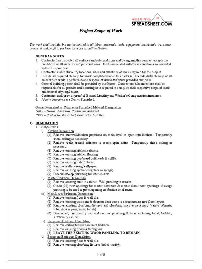 Sample Contractors Scope of Work Document | PDF | Bathroom | Cabinetry