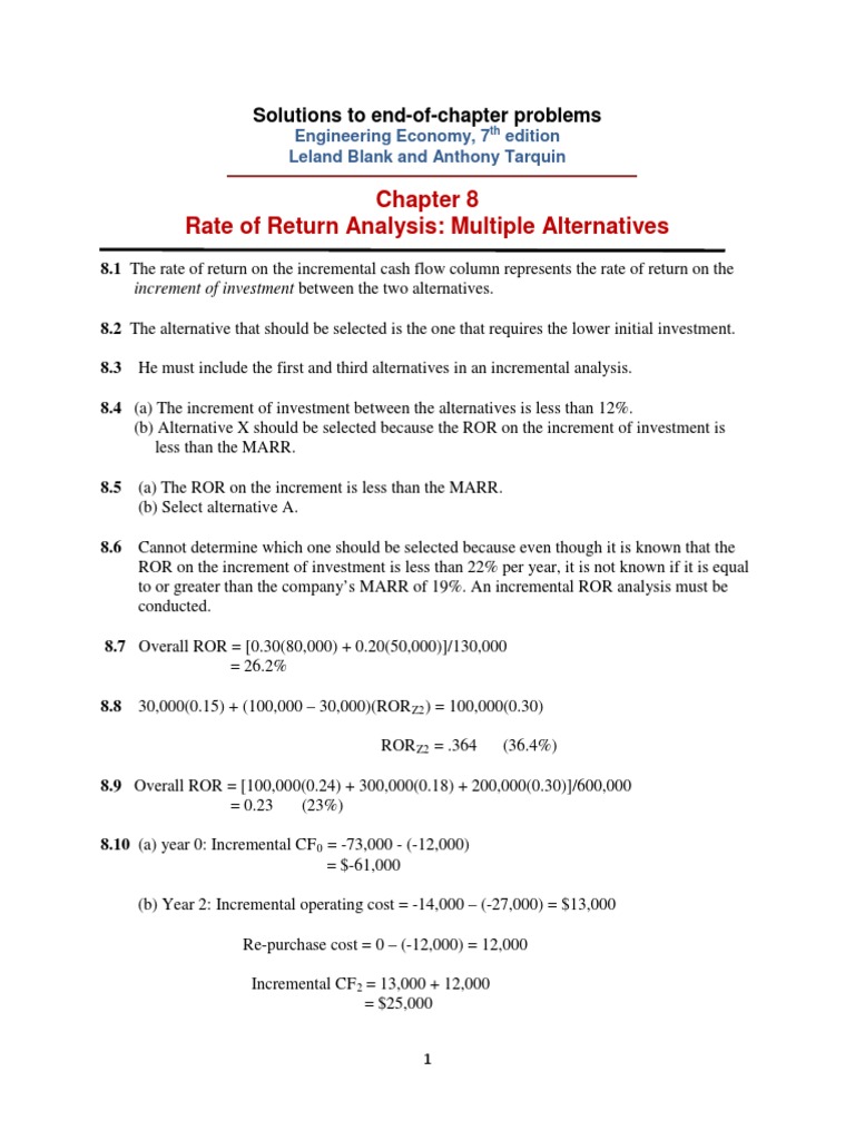 Rate of Return Analysis: Multiple Alternatives: Solutions To End-Of ...