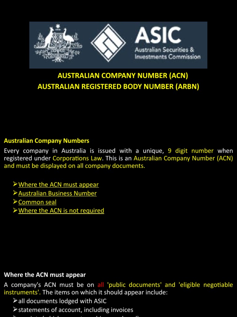 Australian Company Number (Acn) Australian Registered Body Number (Arbn ...