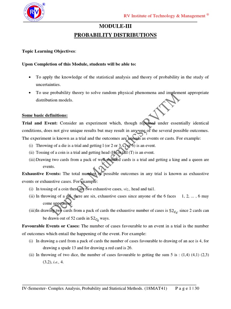 Module-Iii Probability Distributions: RV Institute of Technology ...