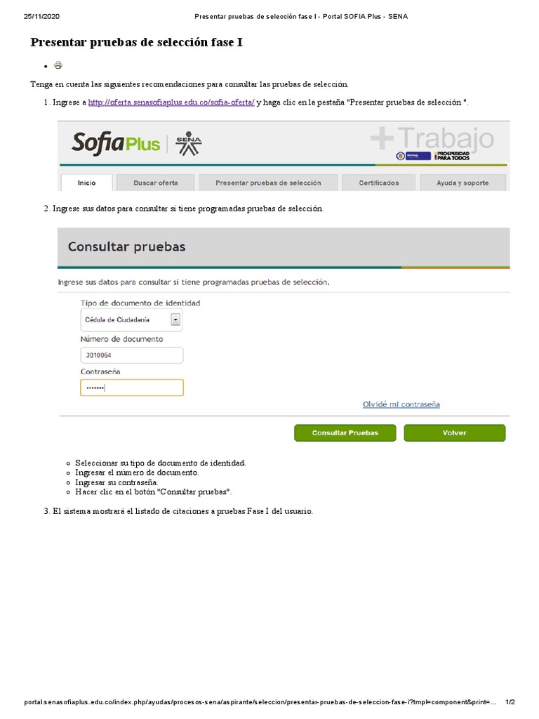 Presentar Pruebas de Selección Fase I - Portal SOFIA Plus - SENA | PDF