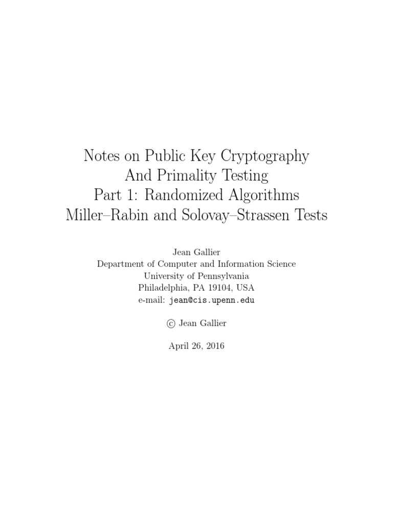 Notes On Public Key Cryptography And Primality Testing Part 1 Randomized Algorithms Miller