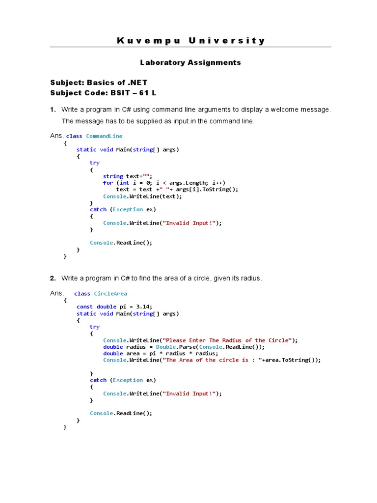 C# Programming Laboratory Assignments | PDF | C Sharp (Programming Language) | Area