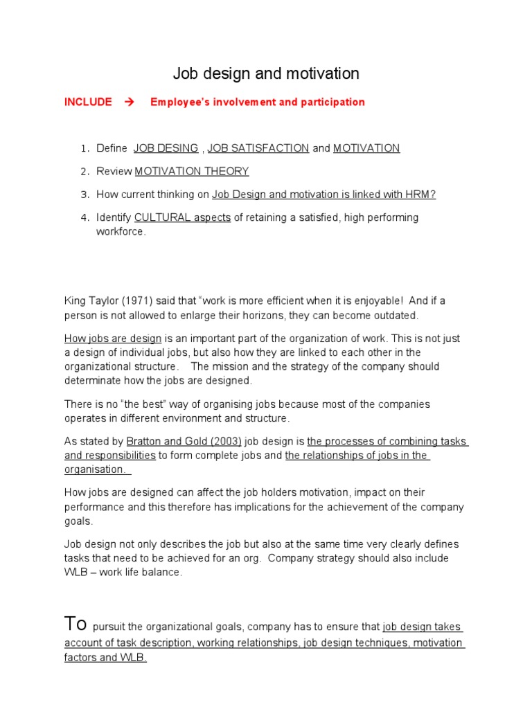 Job Design and Motivation FINAL in Progress | PDF | Motivation ...