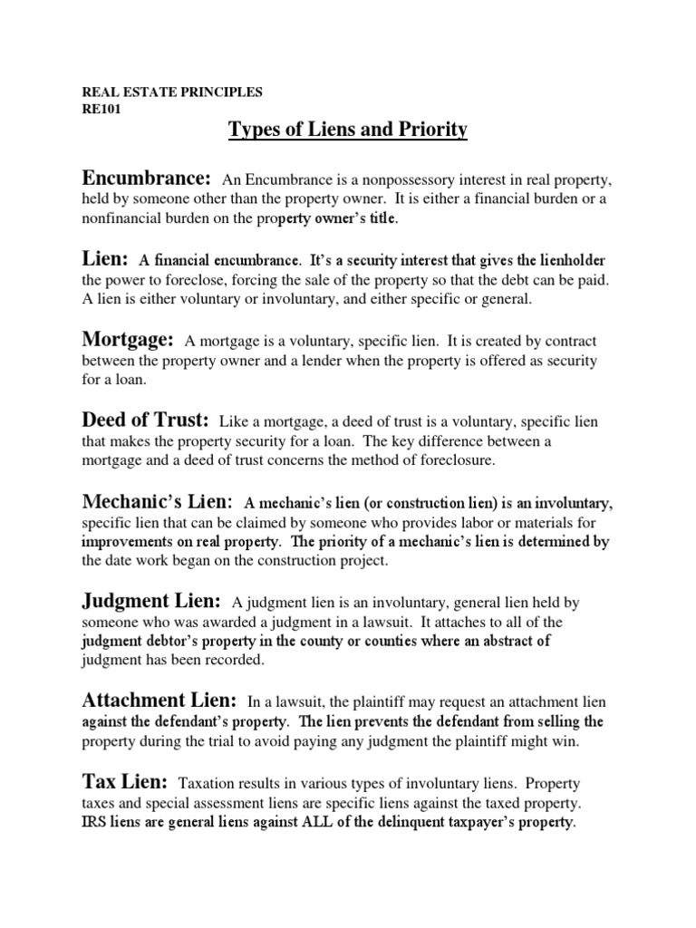 RE 101. Handout 2.1 - Types of Liens | PDF | Mortgage Law | Lien