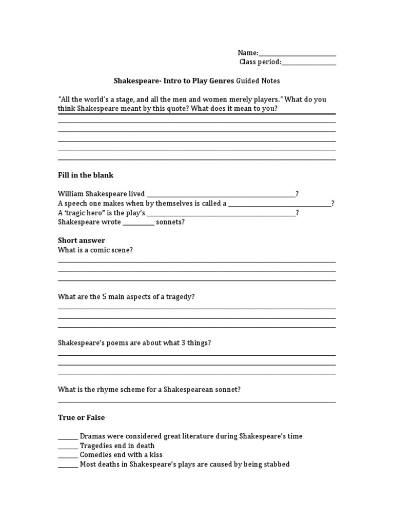 Shakespeare Play Genres Guided Notes | PDF | William Shakespeare | Plays