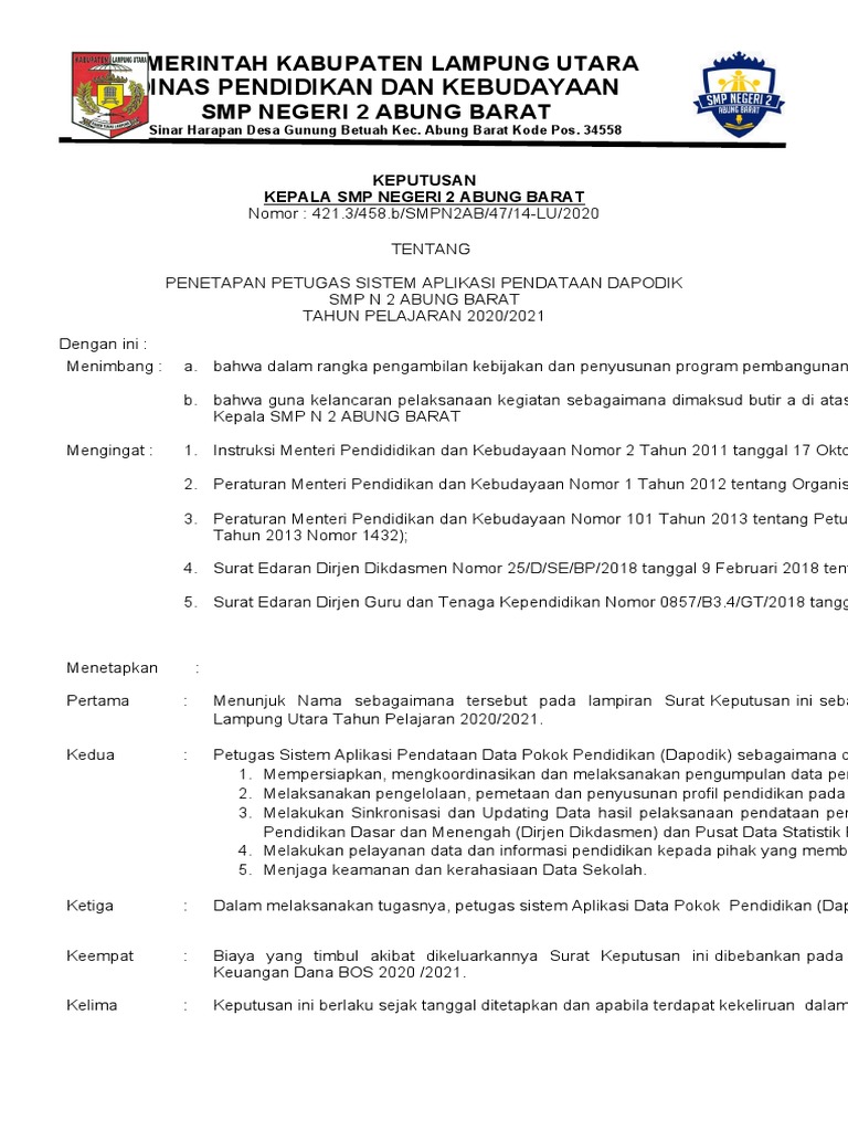 Contoh SK OPERATOR DAPODIK | PDF