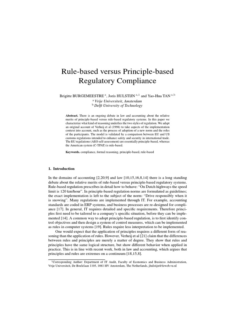 Rule-Based Versus Principle-Based Regulatory Compliance: Vrije ...