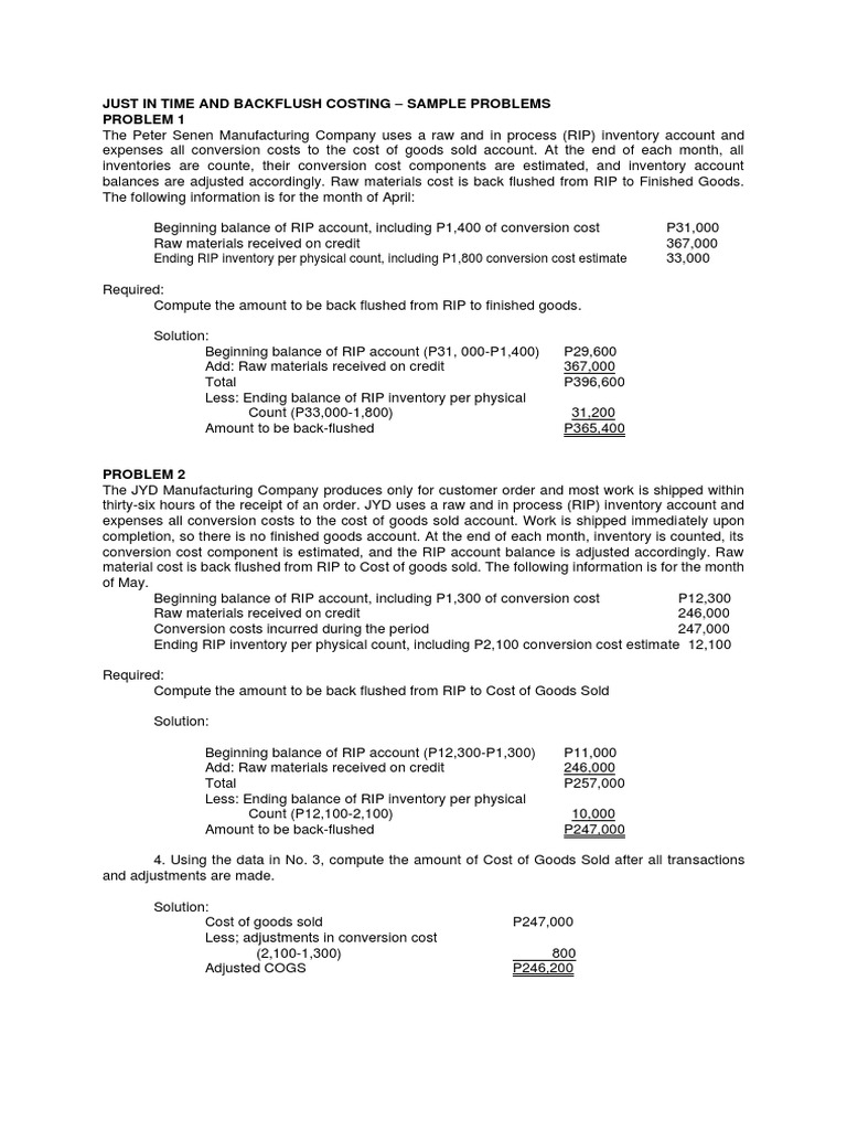 JIT and Backflush Costing - Sample Problems With Solutions | PDF | Cost ...