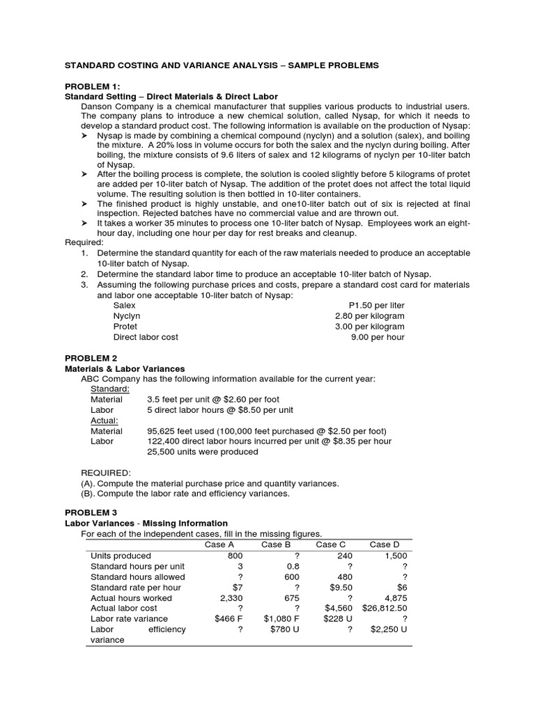 Standard Costing & Variance Analysis - Sample Problems With Solutions | PDF | Variance | Cost