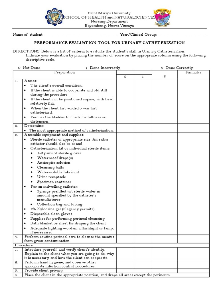 Performance Evaluation Tool For Urinary Catheterization | PDF ...