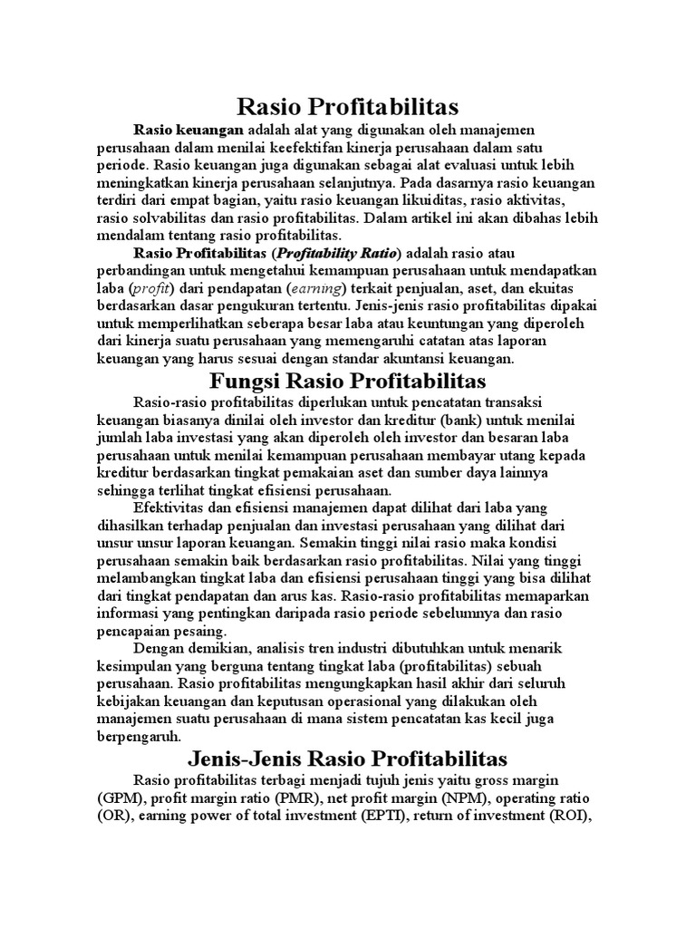 Jenis dan Fungsi Rasio Profitabilitas | PDF | Pengelolaan Keuangan & Uang