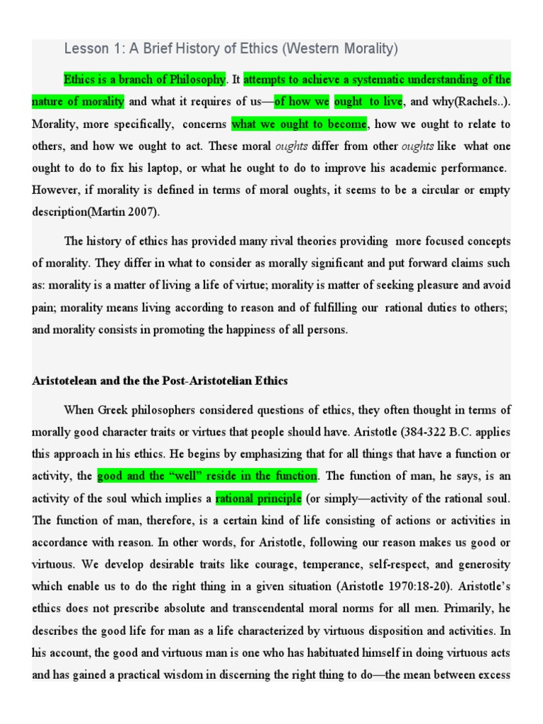 Lesson 1: A Brief History of Ethics (Western Morality) : Aristotelean ...