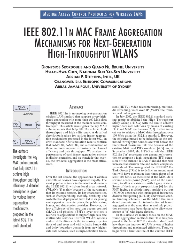 IEEE 802.11n MAC Frame Aggregation Mechanisms For Next-Generation High-Throughput WLANs (Medium ...