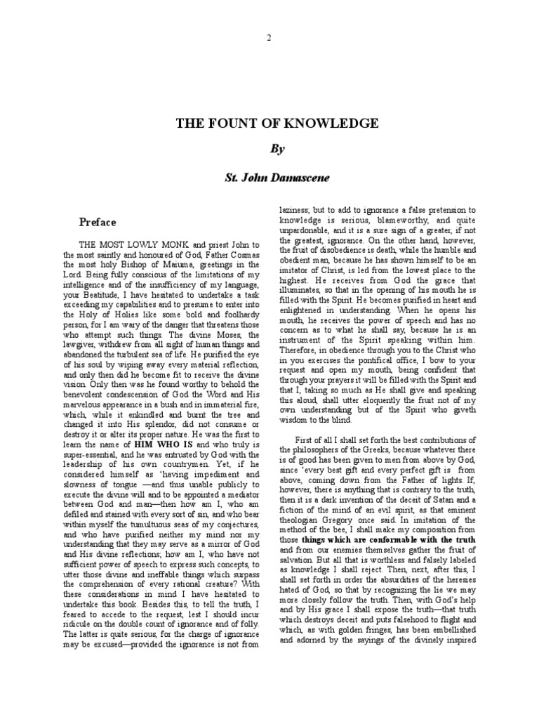 The Fount of Knowledge by St. John Damascene | PDF | God | Truth