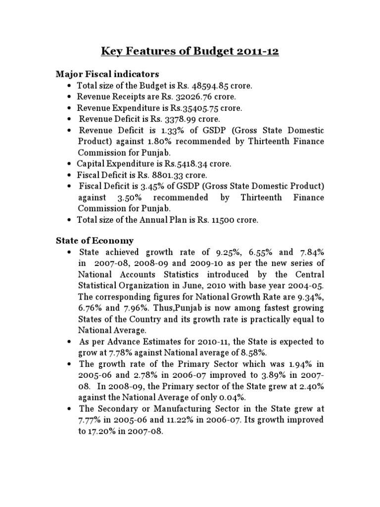 Key Features of Budget 2011 | PDF | Government Budget Balance | Gross ...