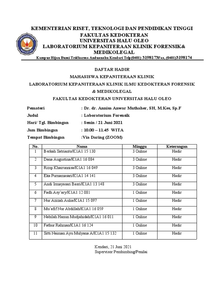 ABSEN BIMBINGAN ONLINE SENIN 21 JUNI 2021 - LABORATORIUM FORENSIK - Dr. Dr. Annisa Anwar ...