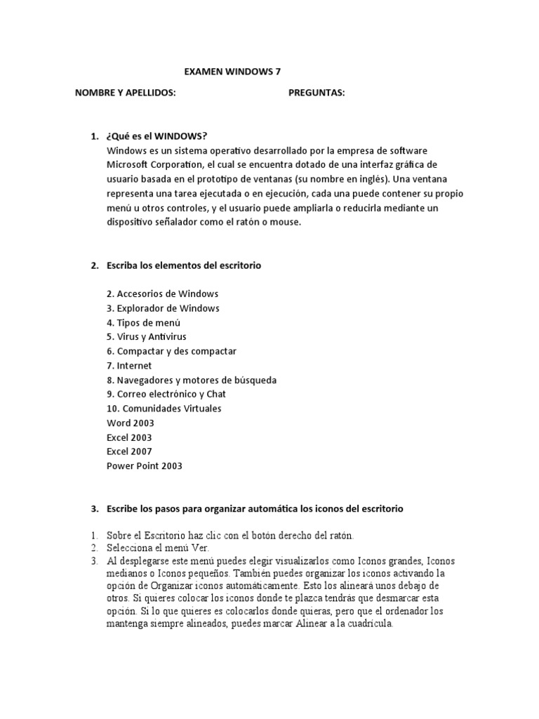 Examen Windows 7 | PDF | Microsoft Windows | Ventana (informática)