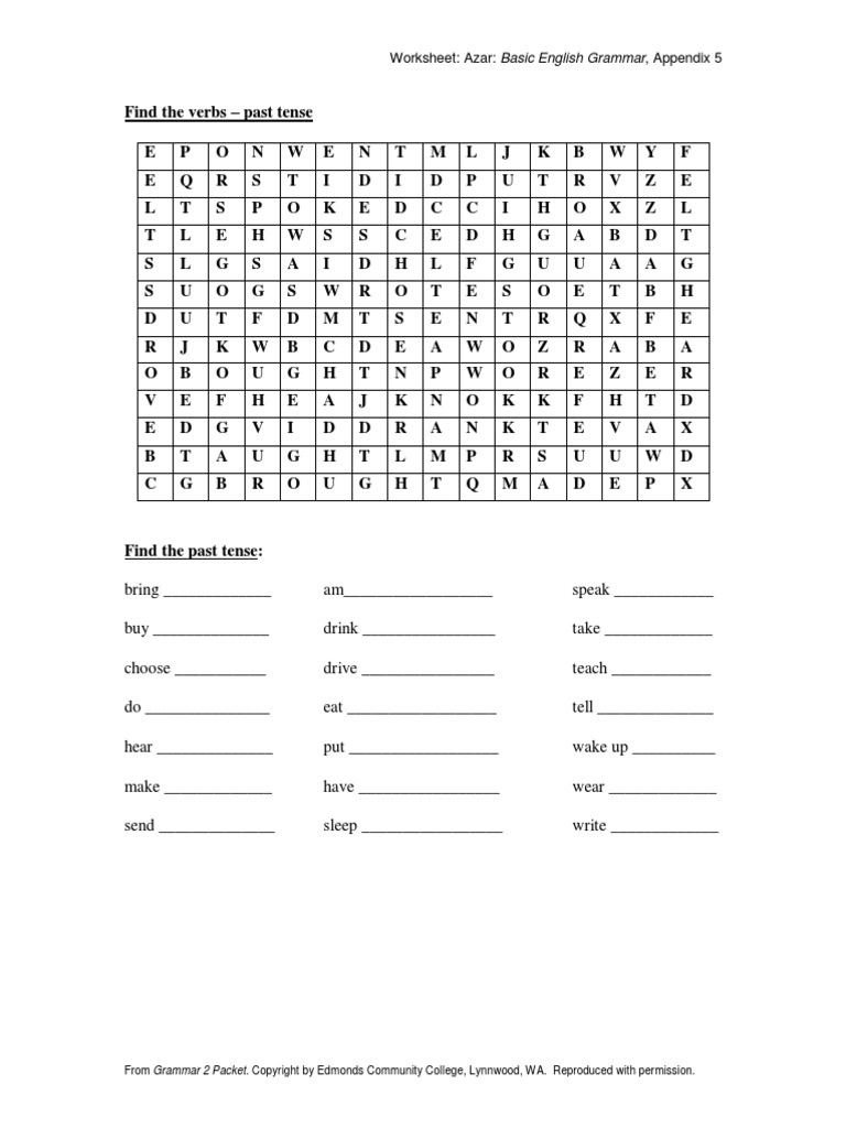 Worksheet: Azar: Basic English Grammar, Appendix 5 | PDF