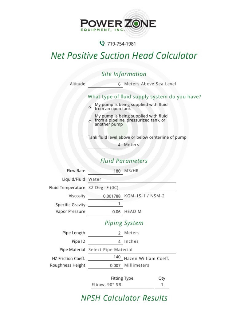 Power Zone Equipment - NPSH Calculator Result | PDF | Pump | Physical Quantities