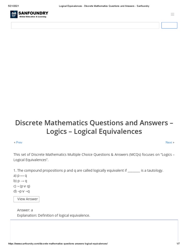 Logical Equivalences - Discrete Mathematics Questions and Answers - Sanfoundry | PDF | Discrete ...