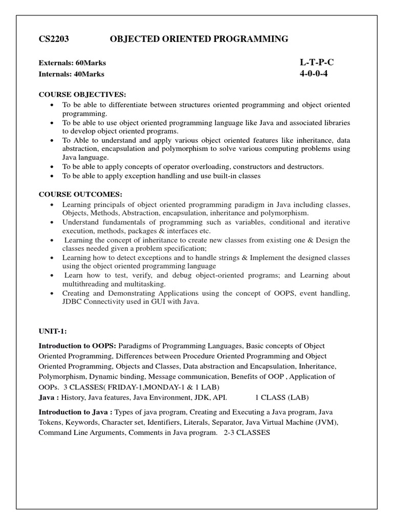 CS2203 Objected Oriented Programming L-T-P-C 4-0-0-4: Externals ...