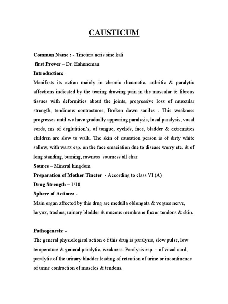Causticum: Common Name: - Tinctura Acris Sine Kali First Prover - Dr ...