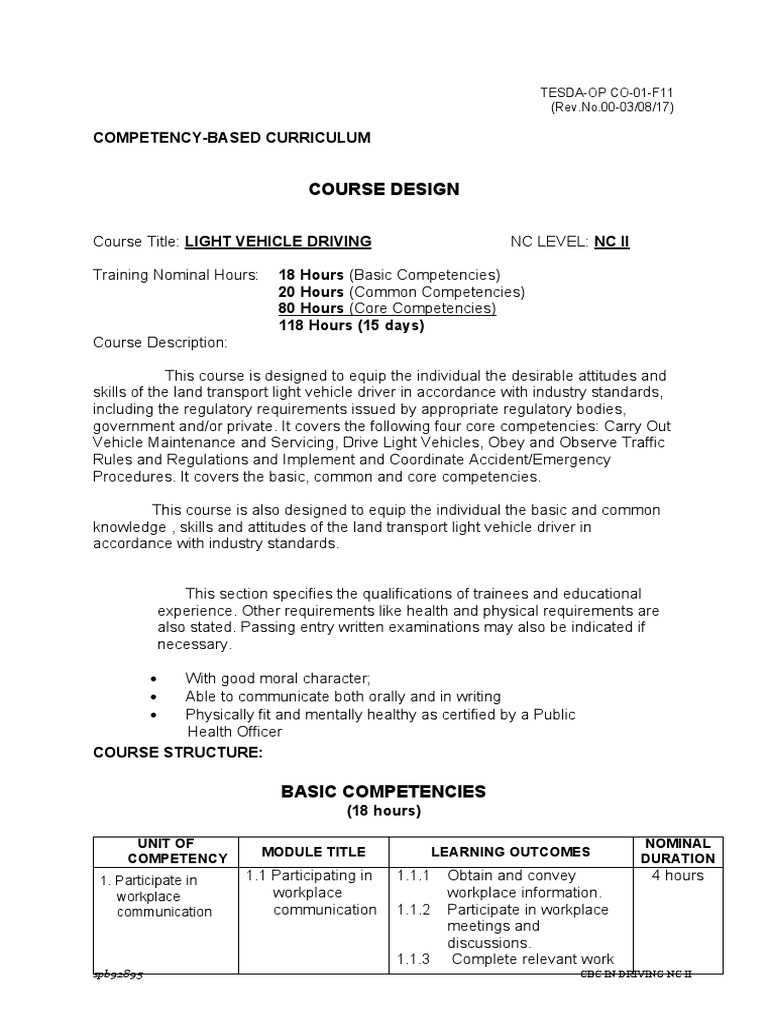 CBC Driving NC II Course Overview | PDF | Occupational Safety And ...