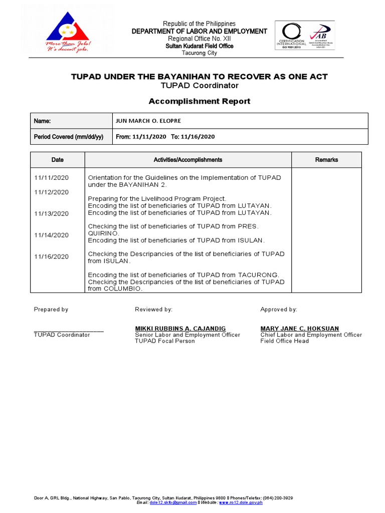 TUPAD Coordinator's Accomplishment Report | PDF | Labour