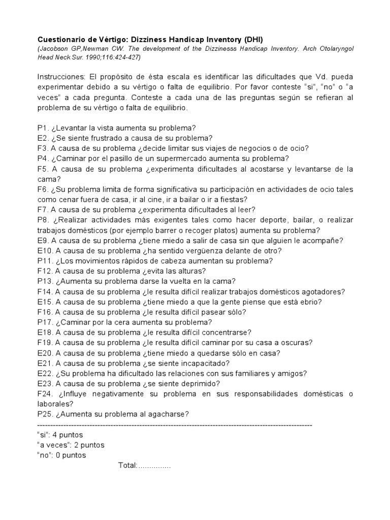 Cuestionario de Vértigo: Dizziness Handicap Inventory (DHI) | PDF ...