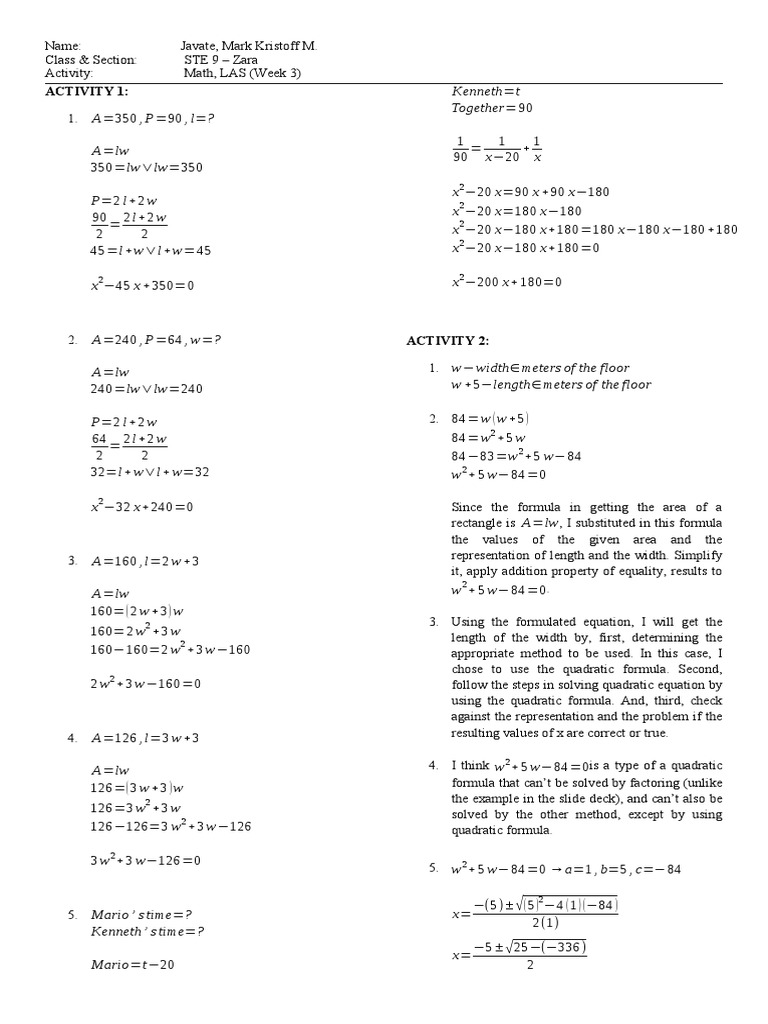 Math, Q1 W3 | Download Free PDF | Quadratic Equation | Area