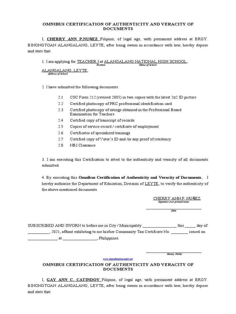 Omnibus Certification of Authenticity and Veracity of Documents v3 | PDF | Authentication ...